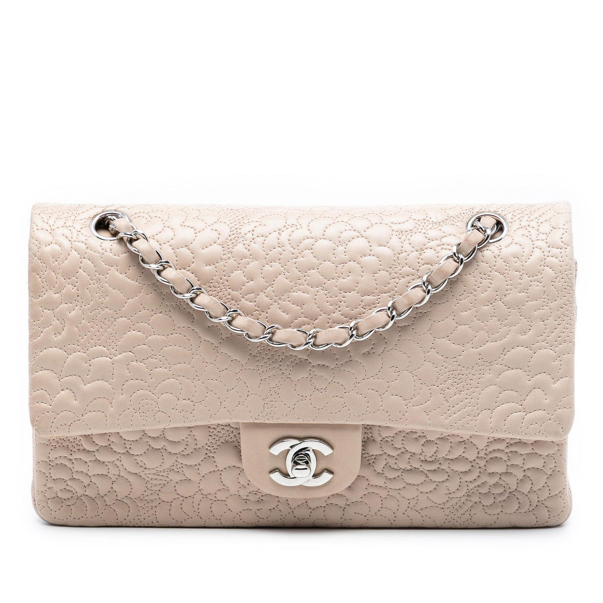 Chanel Medium Classic Lambskin Camellia Stitched Double Flap