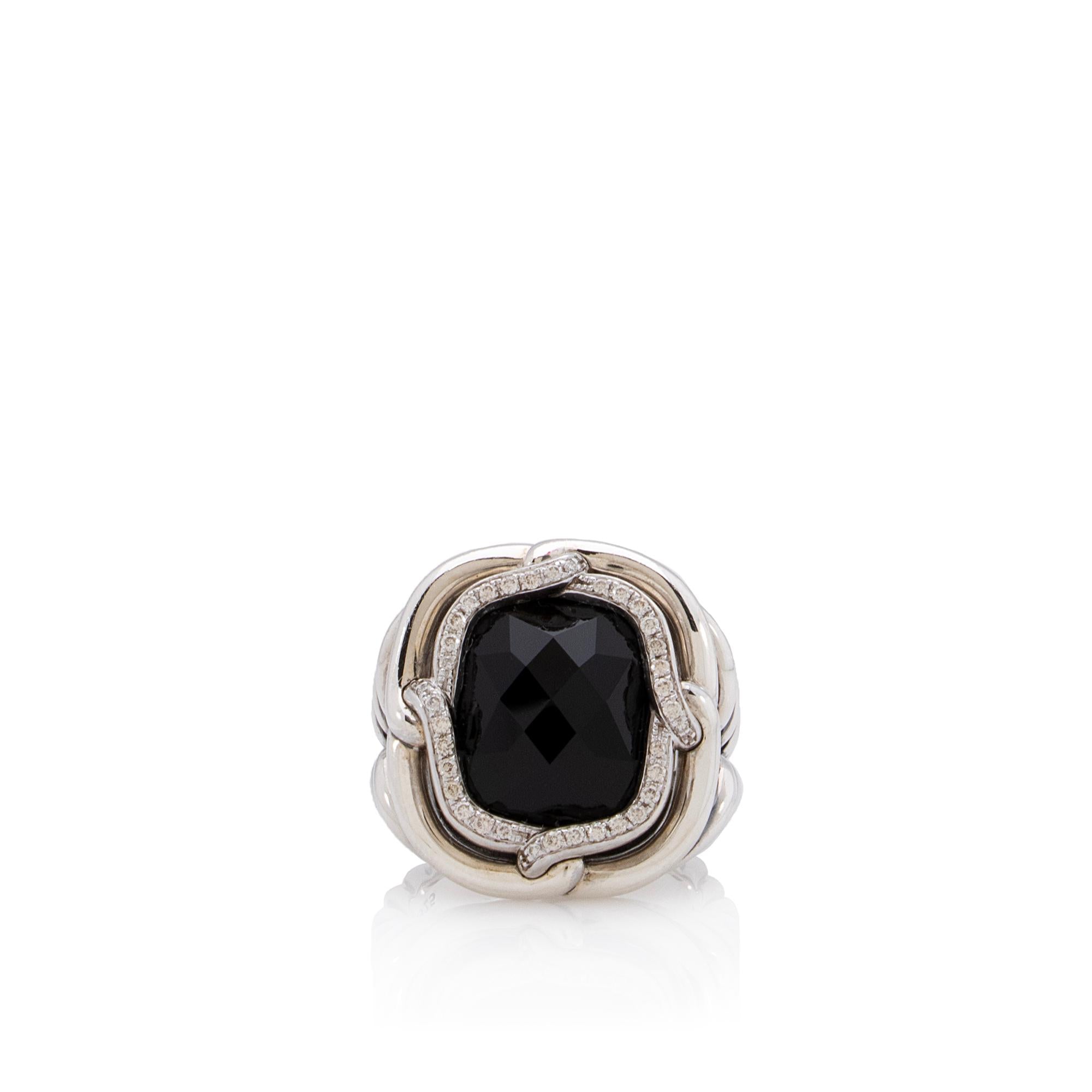 David Yurman Sterling Silver Diamond Onyx Labyrinth Ring - Size 6 (SHF